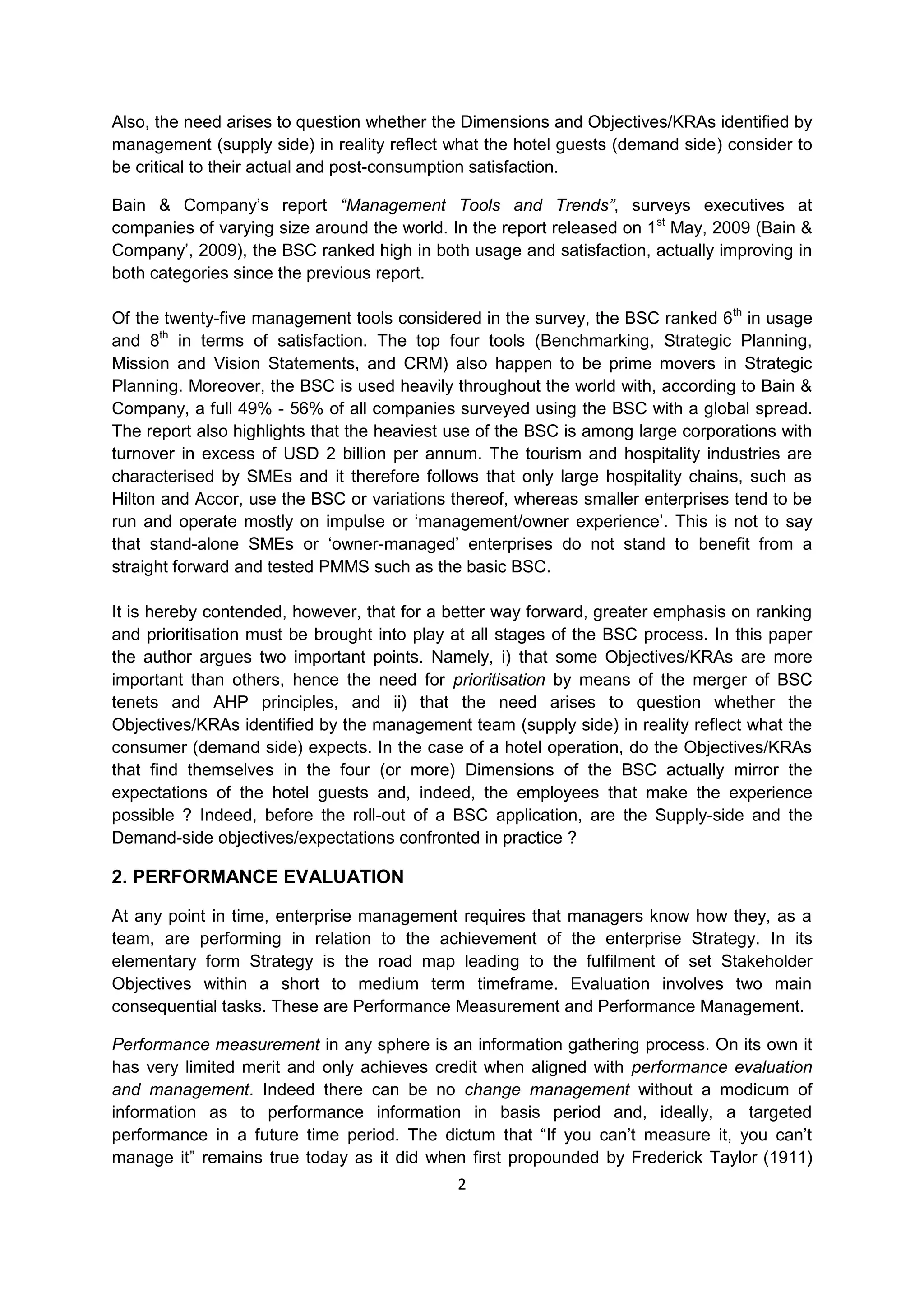 Bsc performance evaluation in hospitality industry (alfred quintano) | PDF