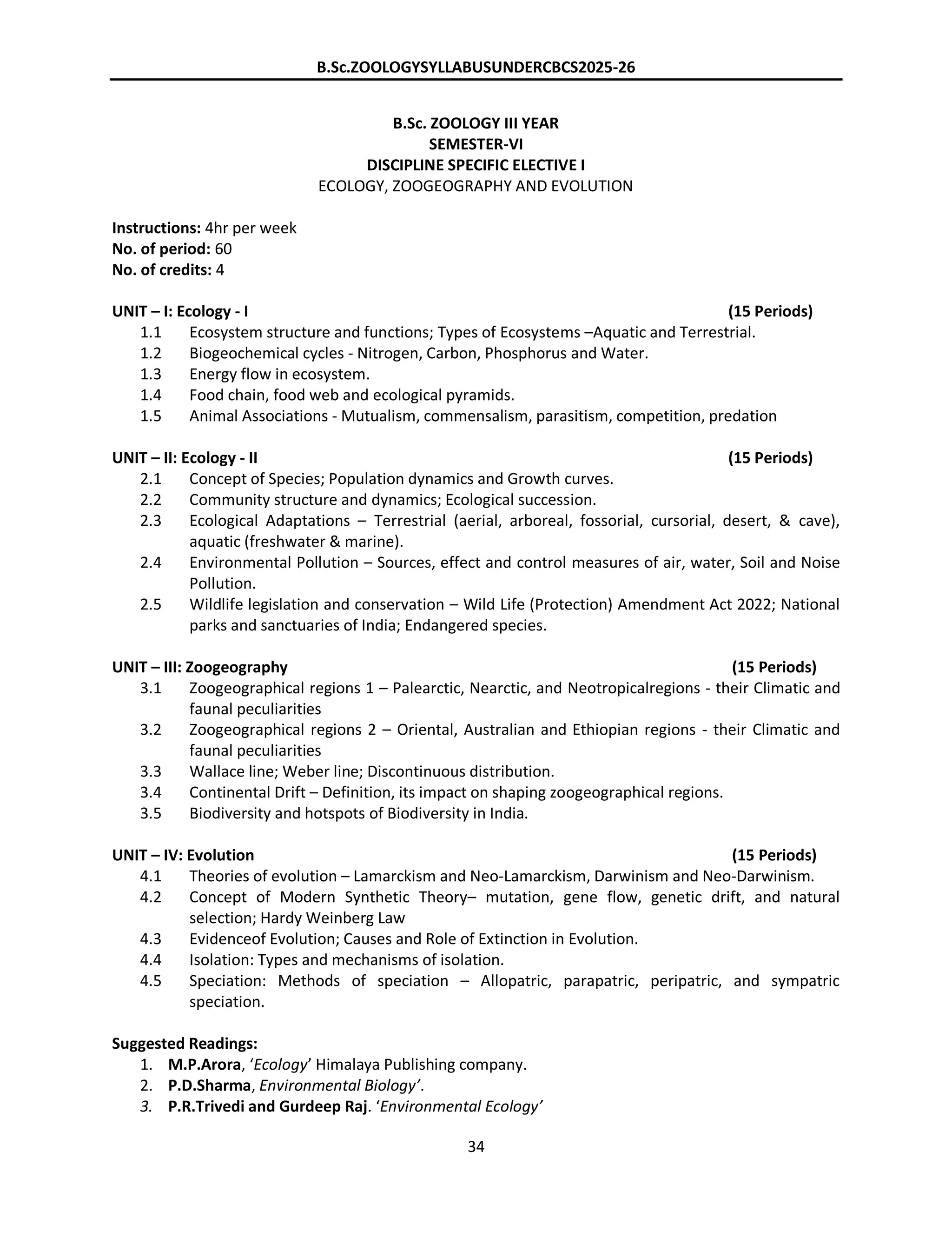 BSc Zoology UG CBCS Syllabus WEF AY 2025-26 | PDF