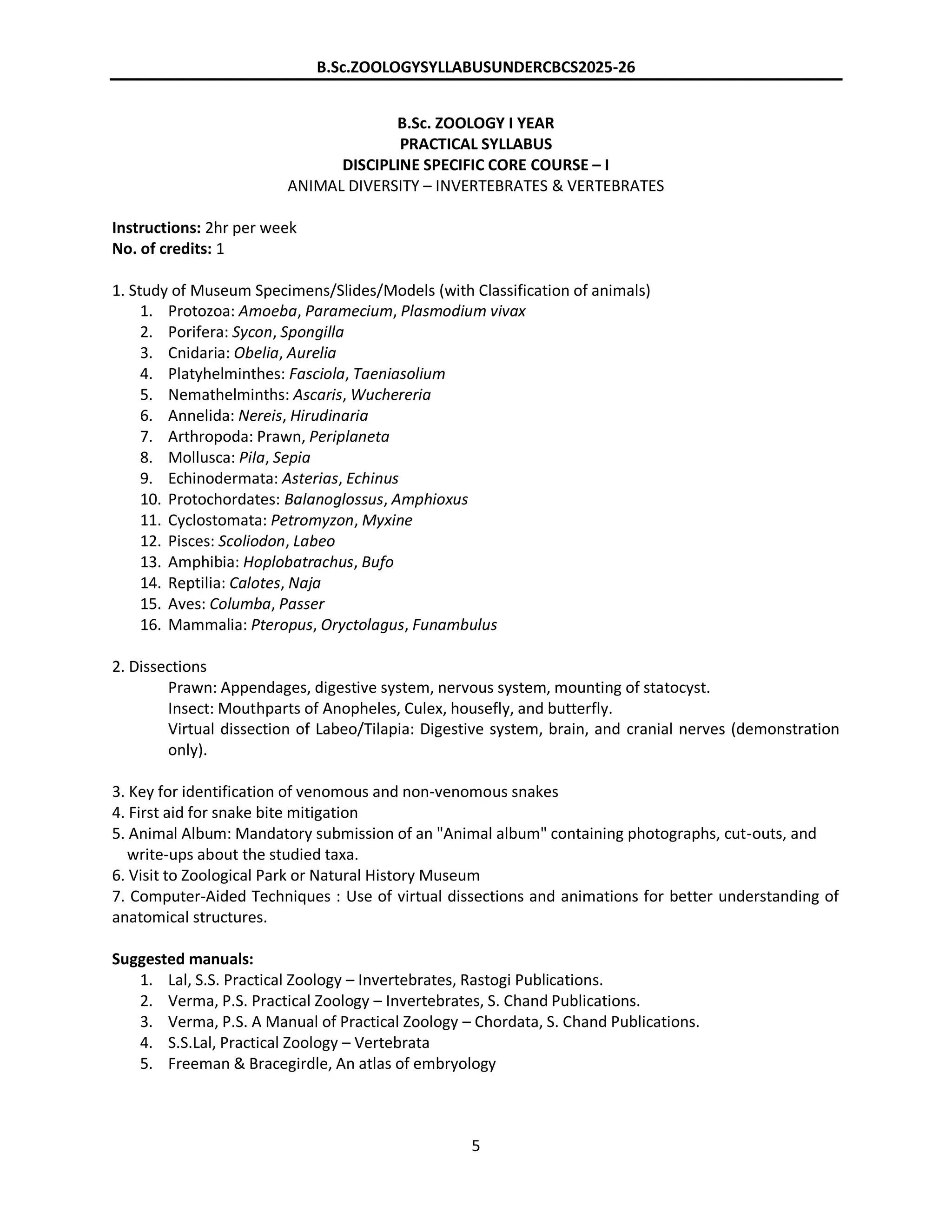 BSc Zoology UG CBCS Syllabus WEF AY 2025-26 | PDF