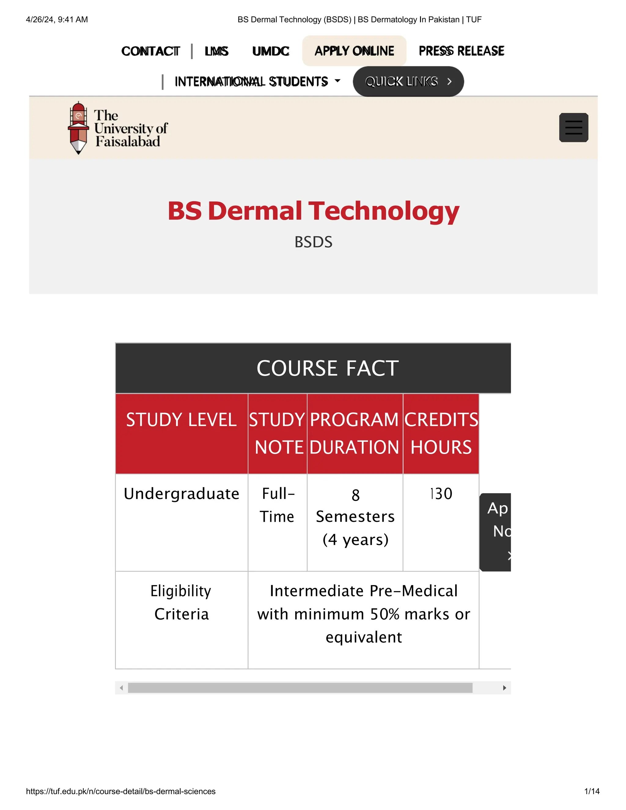 BS Dermal Technology (BSDS) _ BS Dermatology In Pakistan _ TUF.pdf