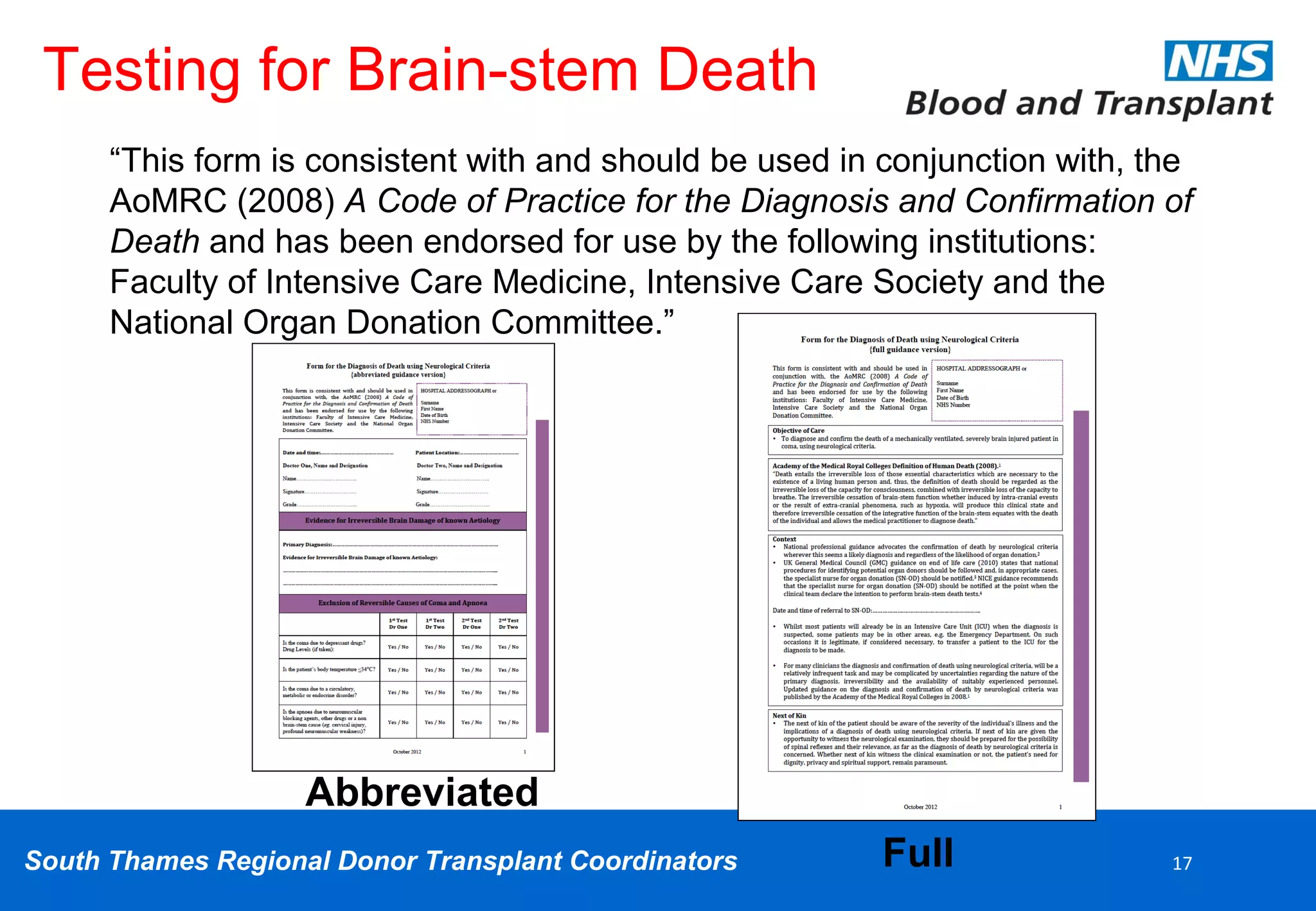 Brain Stem Death Testing and Organ Donation | PPT