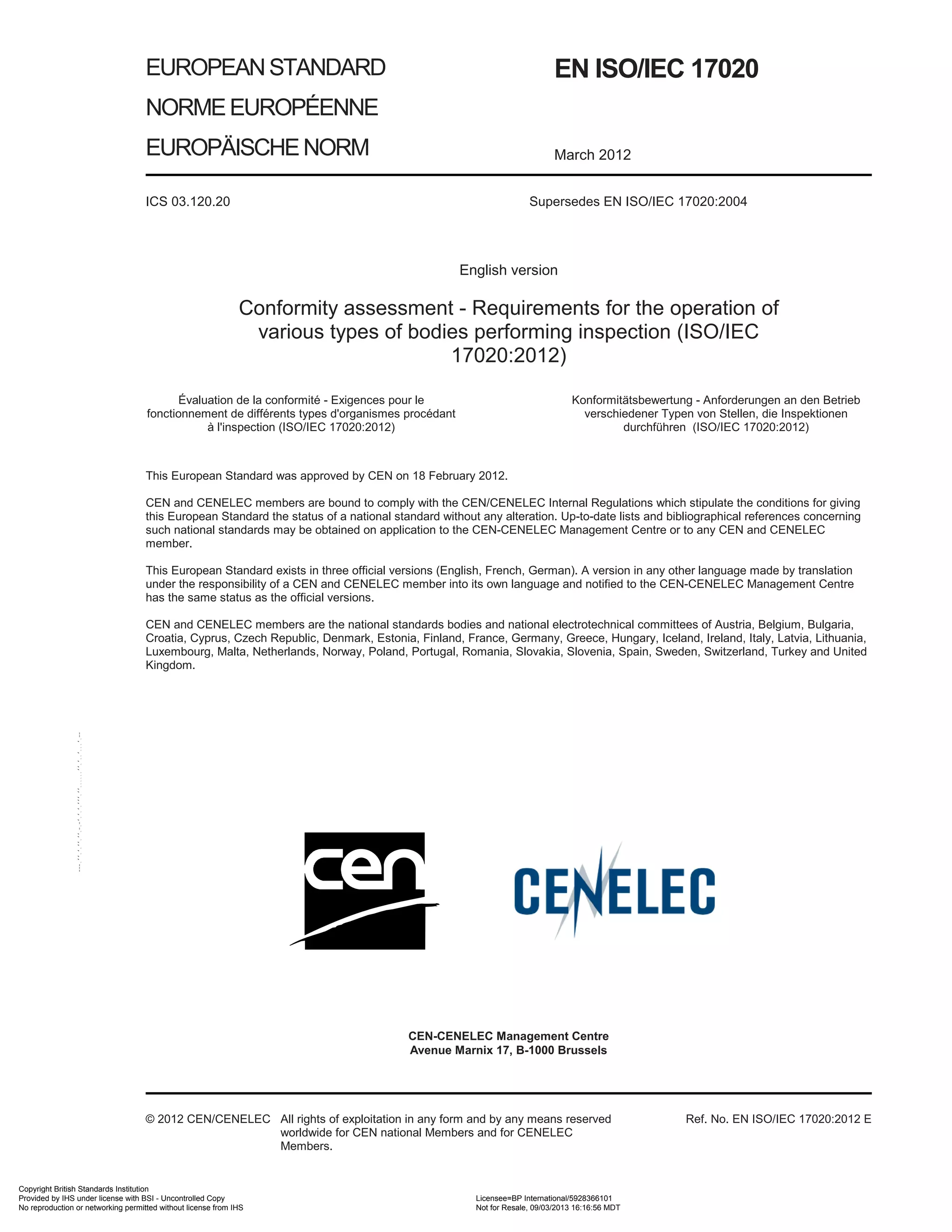BS EN ISO-IEC - BS EN ISO-IEC-17020-2012-Conformity Assessment Requirements For The Operation Of ...