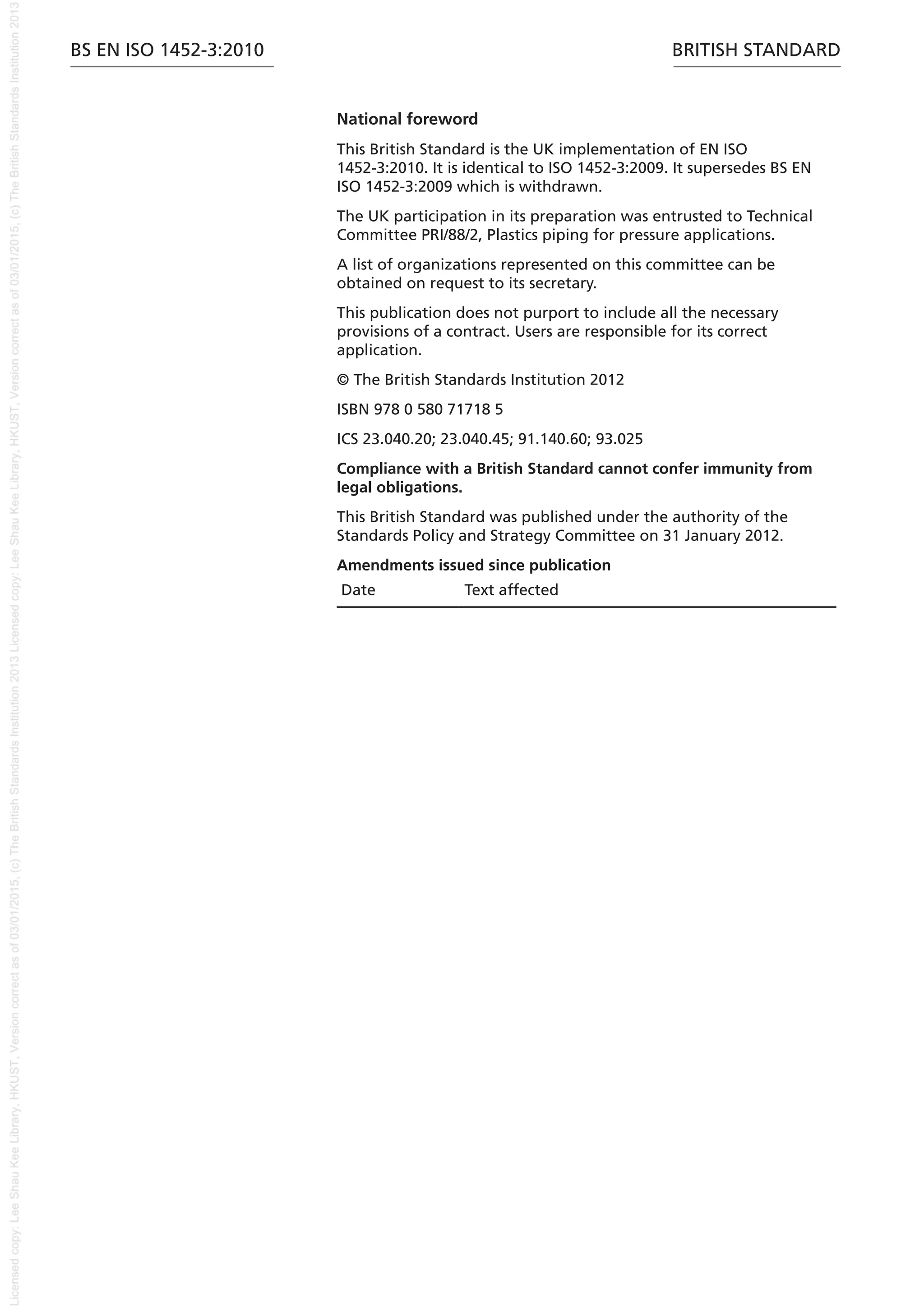 [Bs en iso 1452 3 2010] -- plastics piping systems for water supply and ...