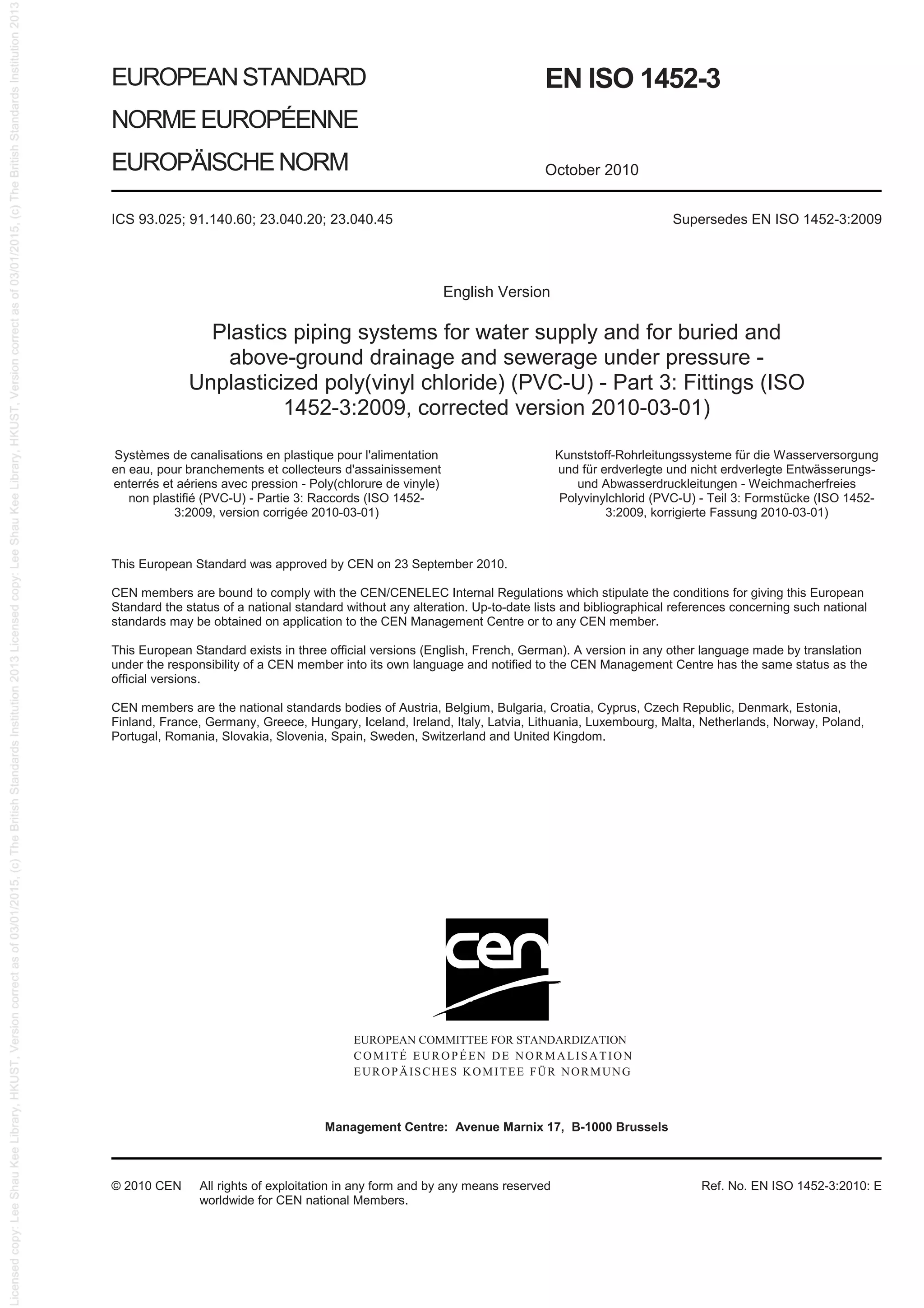 [Bs en iso 1452 3 2010] -- plastics piping systems for water supply and ...