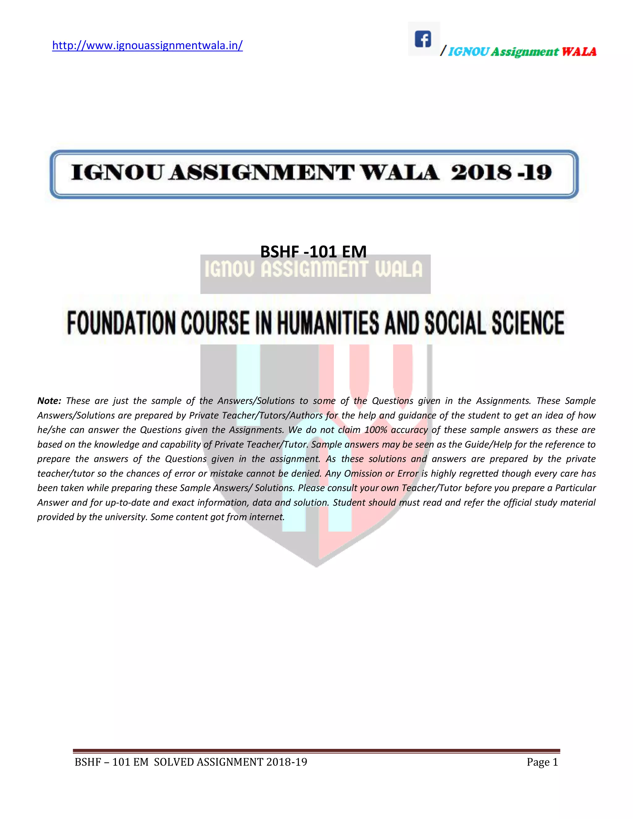 ignou bshf 101 eng assignment 2018-19 | PDF