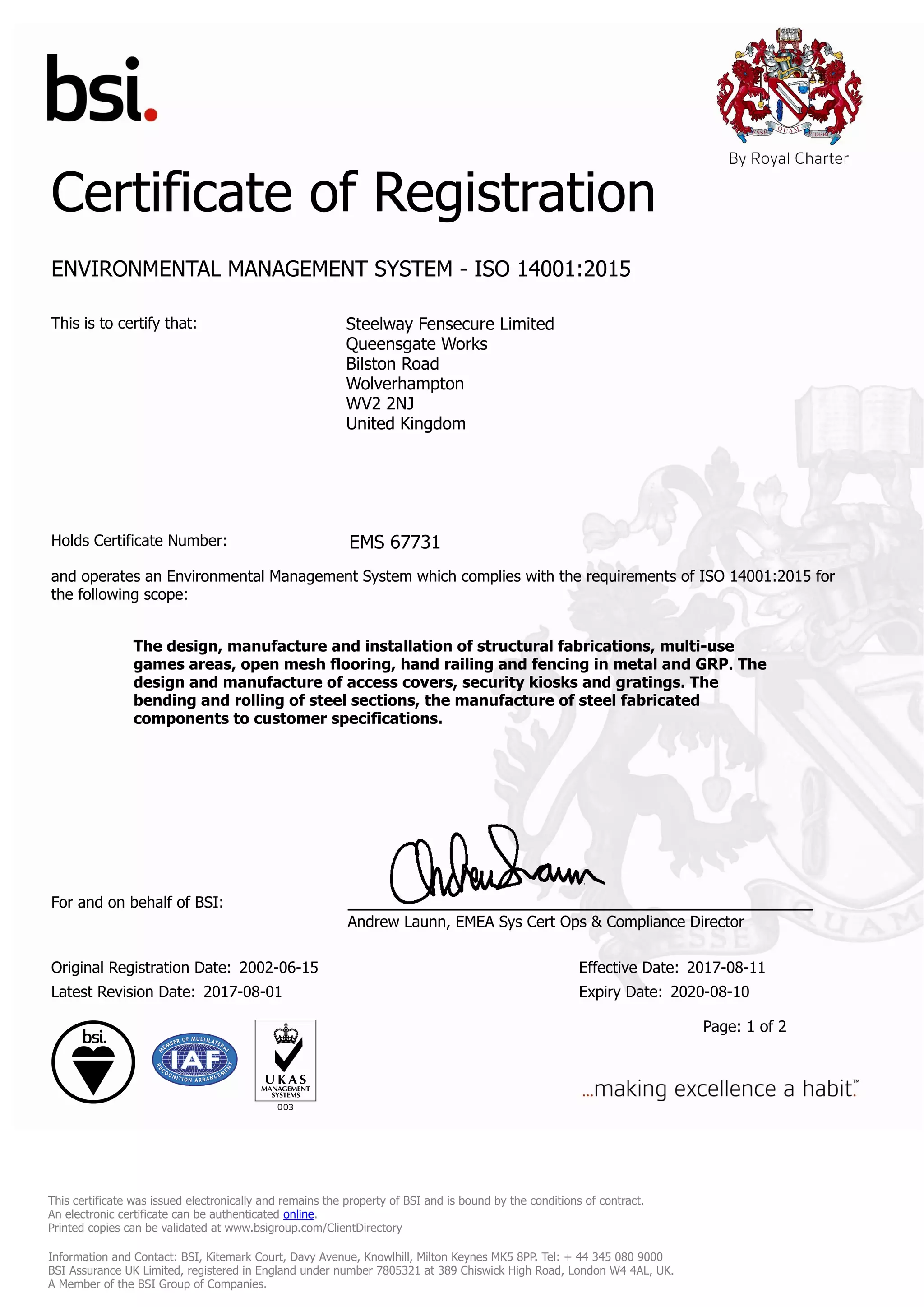 ISO 14001cert ems 67731 - Steelway Fensecure Ltd | PDF
