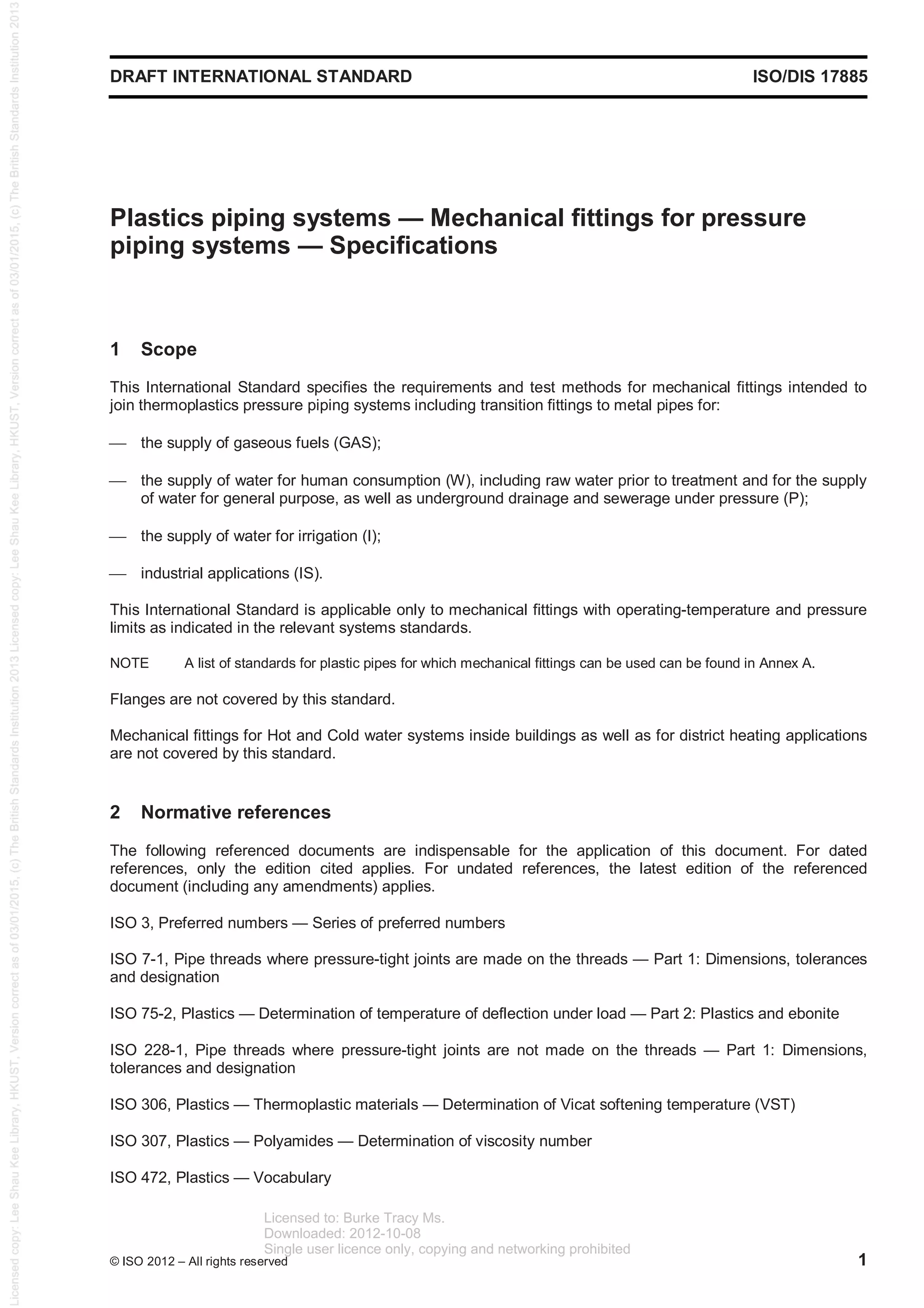 [Bs iso 17885] - plastics piping systems. mechanical fittings for pressure piping systems ...