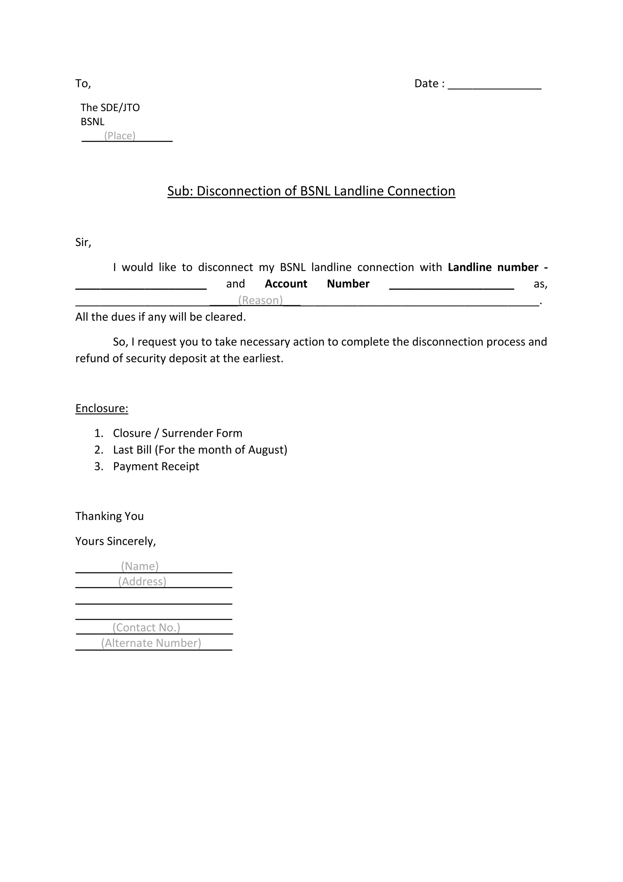 BSNL Landline Disconnection Letter | PDF