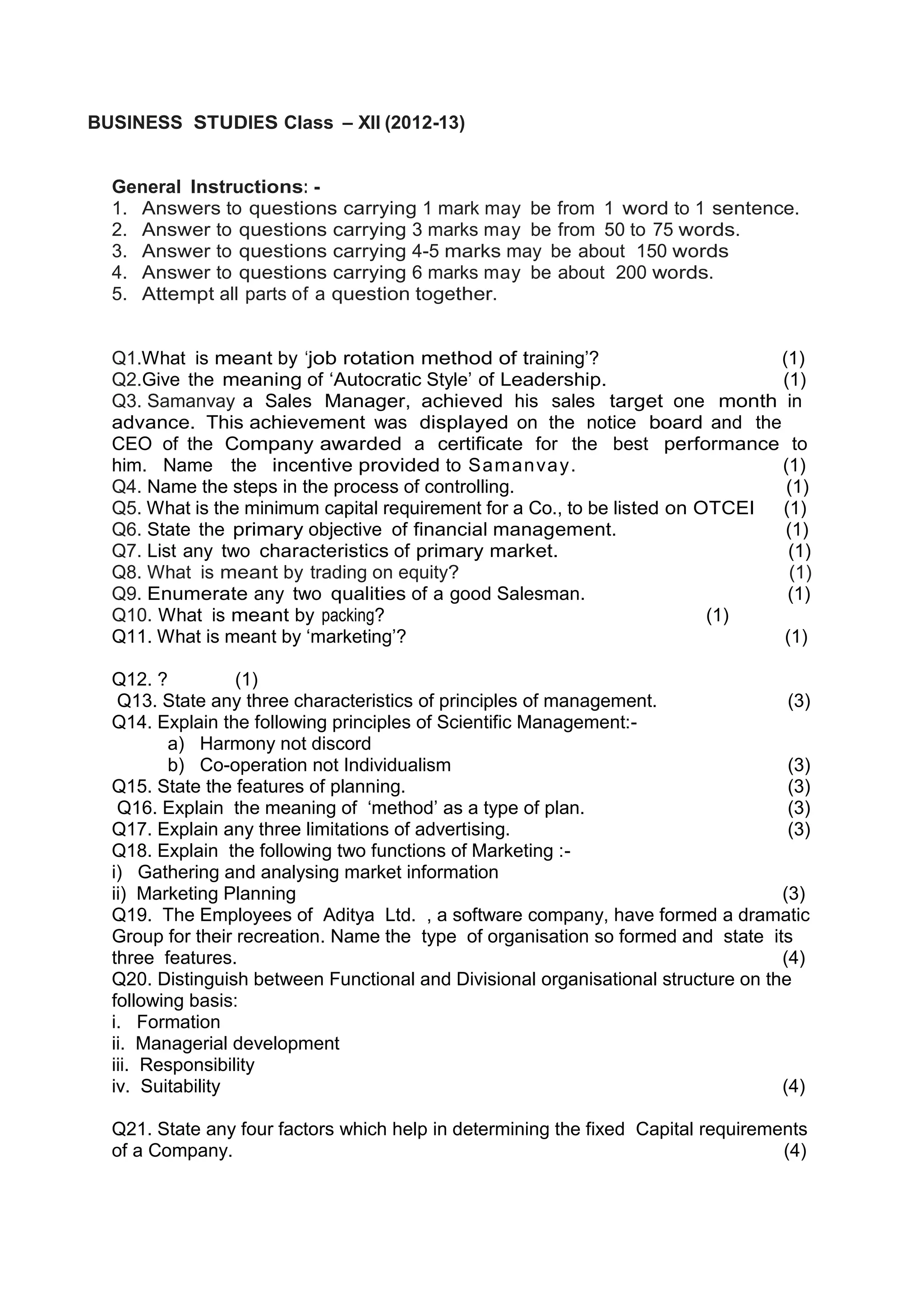 XII CBSE BS PAPER | DOCX