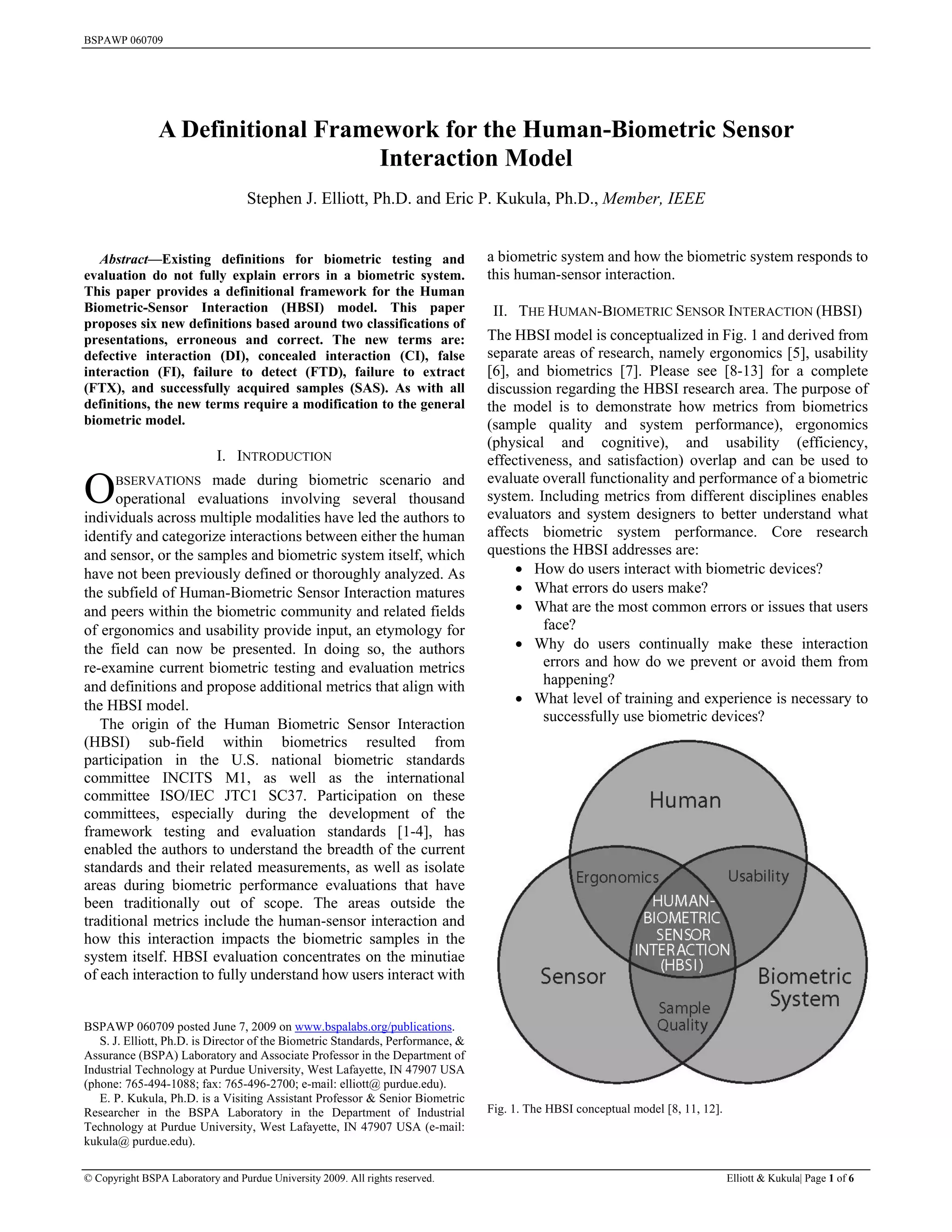 2009 A Definitional Framework For The Human Biometric Sensor Interaction Model Pdf