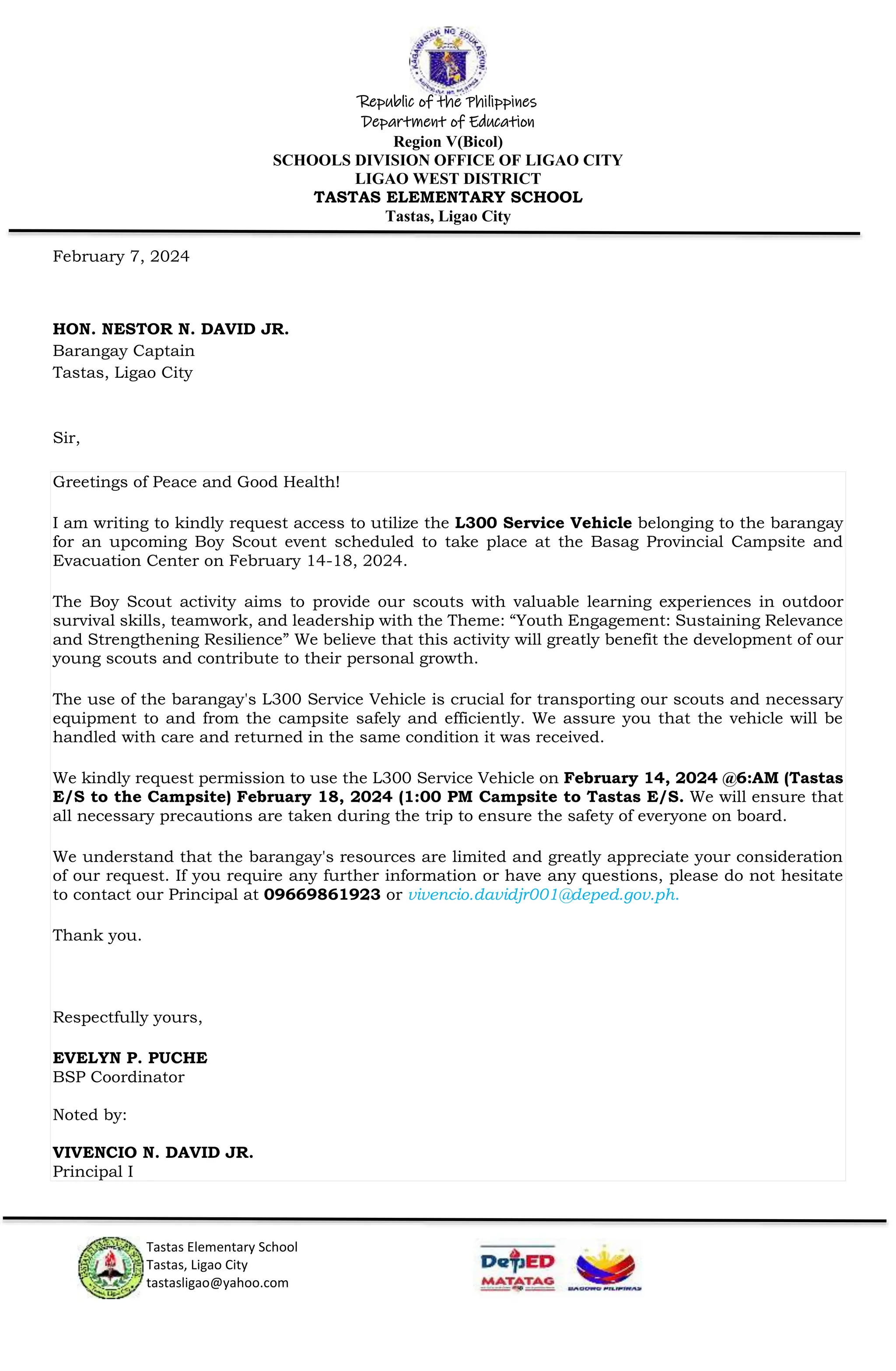 letter request for Boy Scout in the School | DOCX