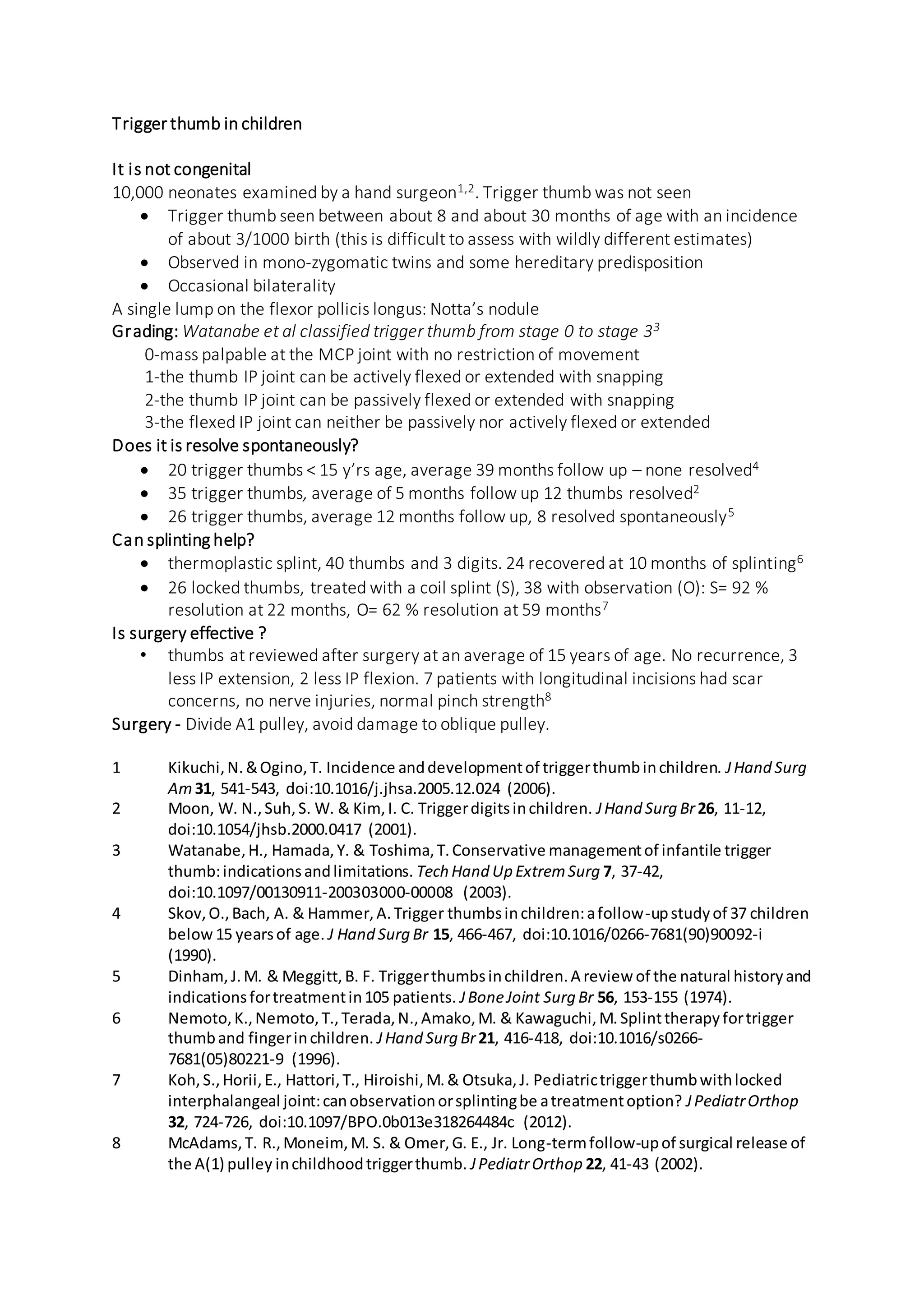 BSSH ICHS 2021 Trigger Thumb in Children | DOCX
