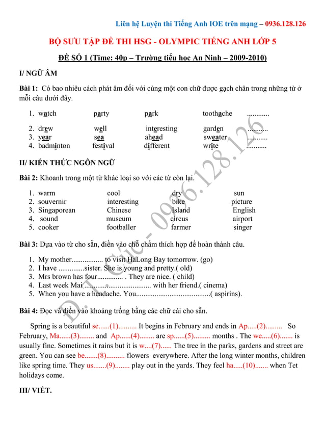 15 đề thi HSG tiếng anh lớp 5 | PDF | Family Travel | Travel Type