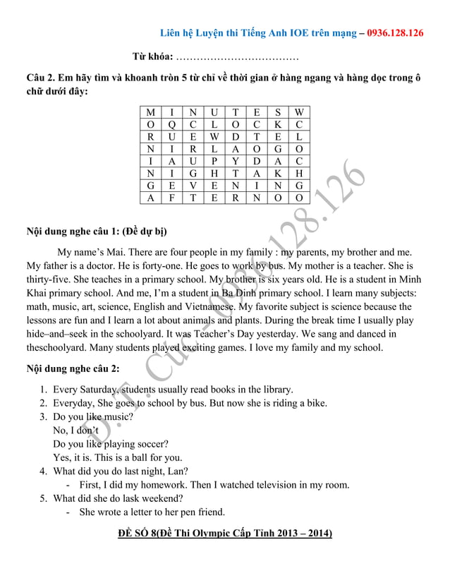 15 đề thi HSG tiếng anh lớp 5 | PDF | Family Travel | Travel Type