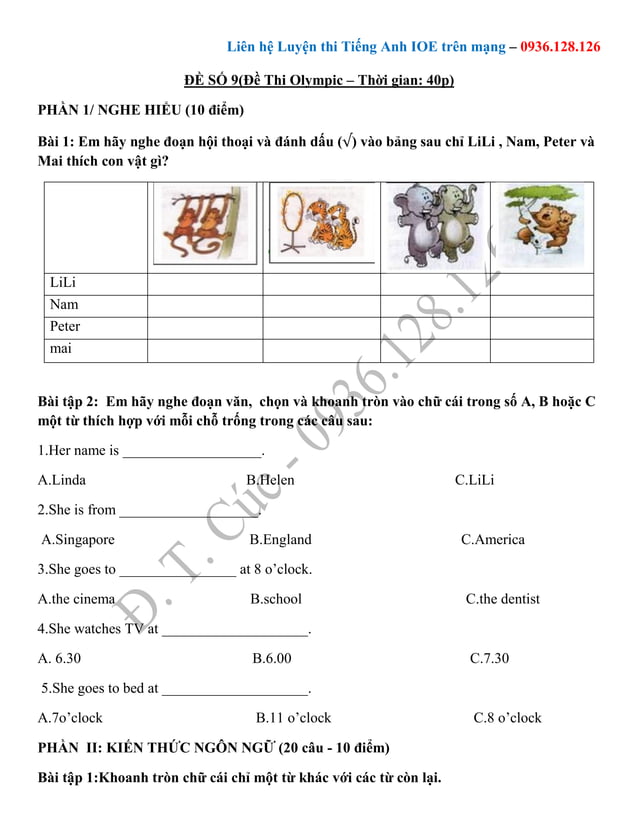 15 đề thi HSG tiếng anh lớp 5 | PDF | Family Travel | Travel Type