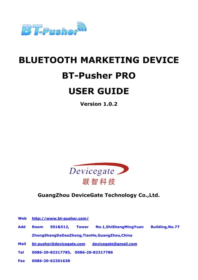 BlueTooth Marketing Device BT-Pusher PRO User Guide | PDF