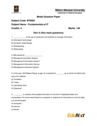 Bt0062 fundamentals of it model question paper | PDF