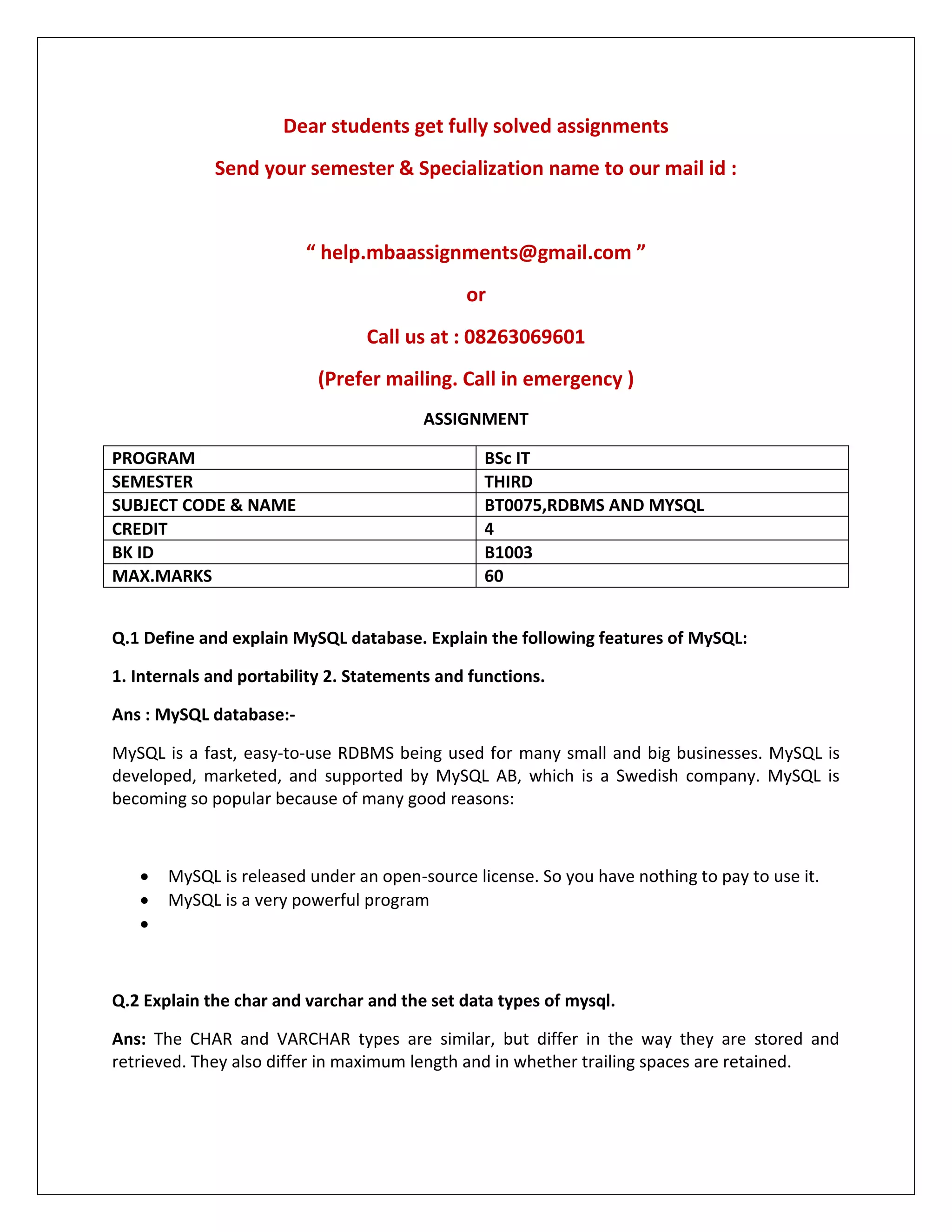 Bt0075 rdbms and mysql | DOCX | Databases | Computer Software and Applications