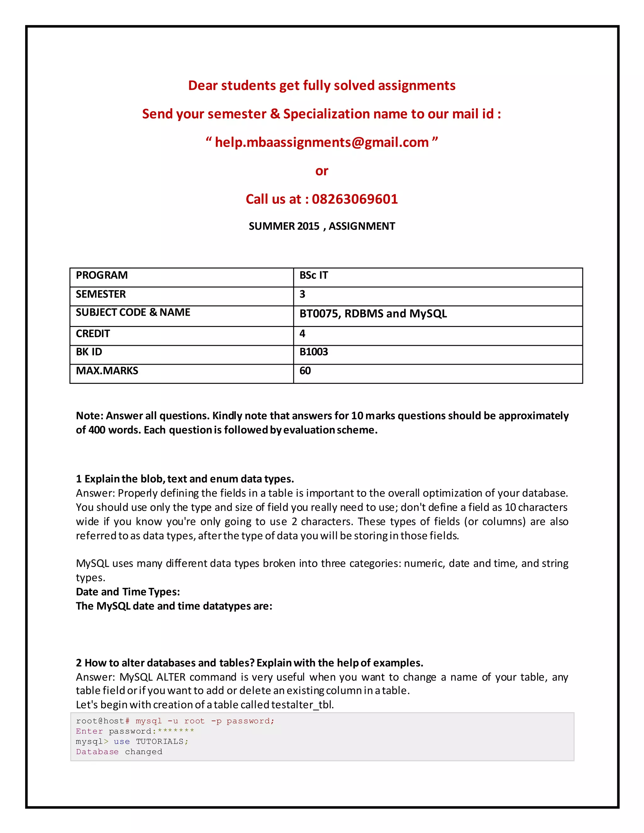 Bt0075, rdbms and my sql | PDF