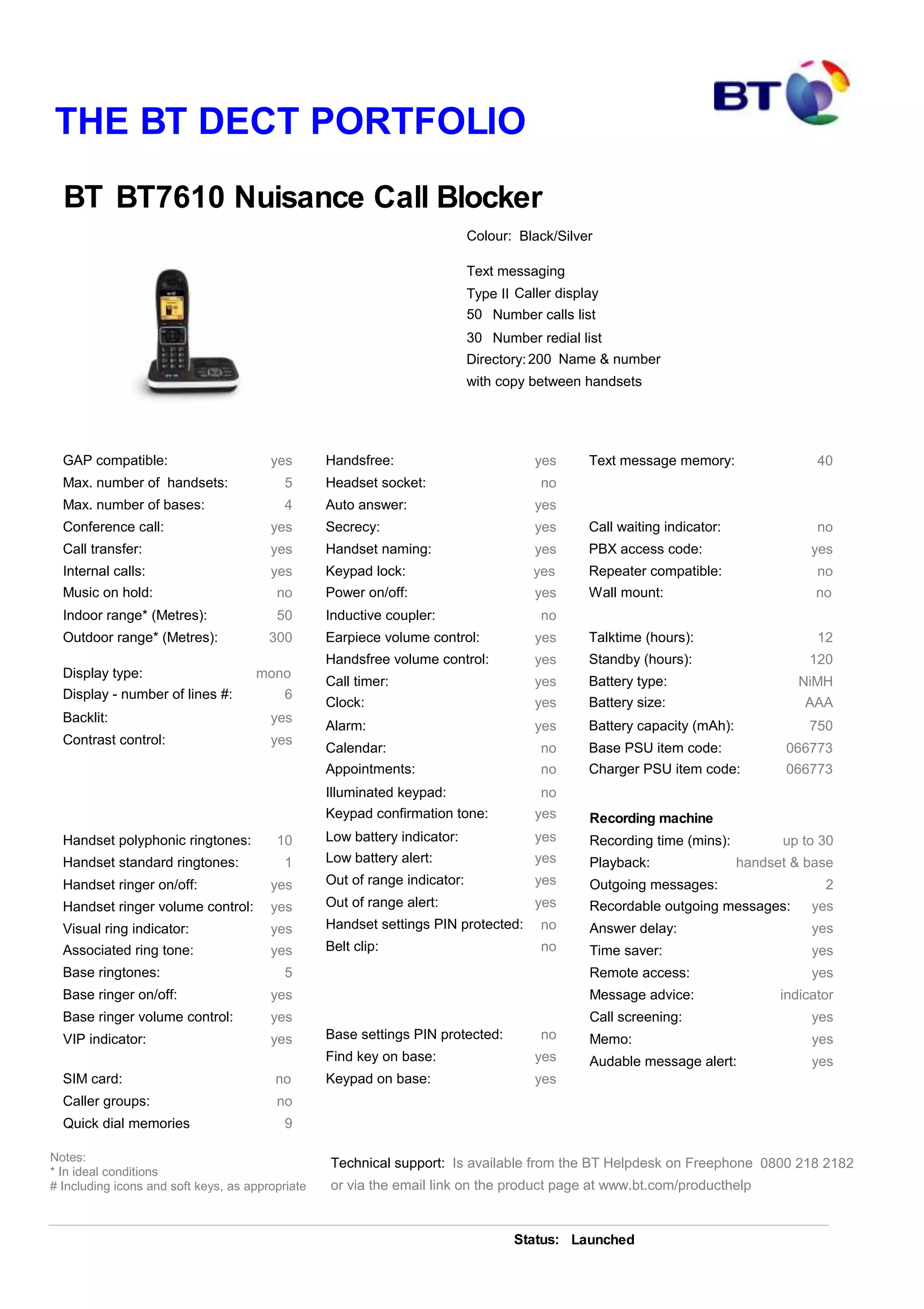BT 7610 Telephones Specification Sheet from Telephones Online | PDF