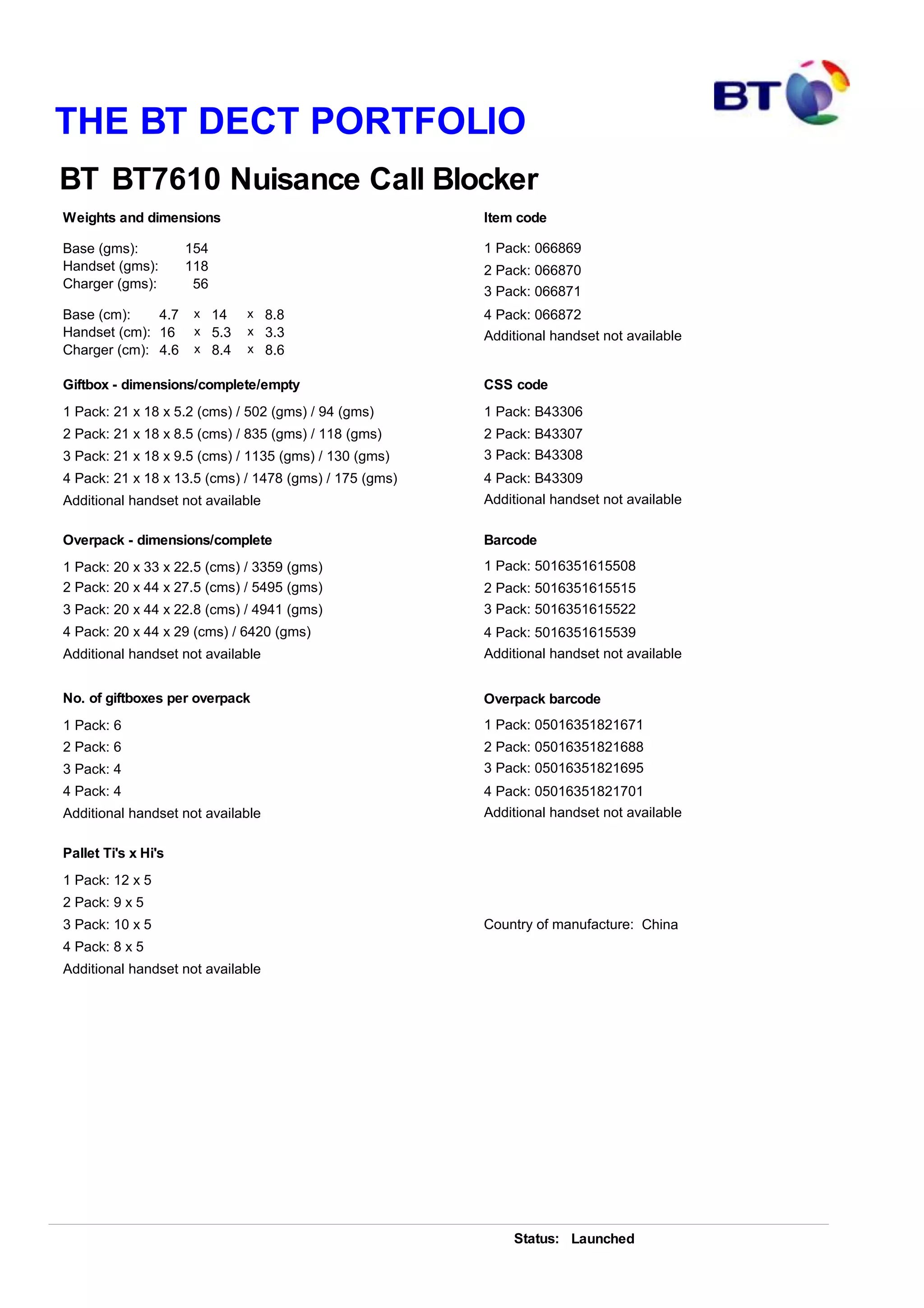 BT 7610 Telephones Specification Sheet from Telephones Online | PDF