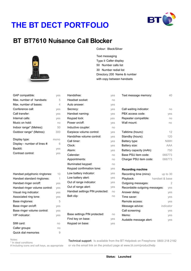 BT 7610 Telephones Specification Sheet from Telephones Online | PDF ...