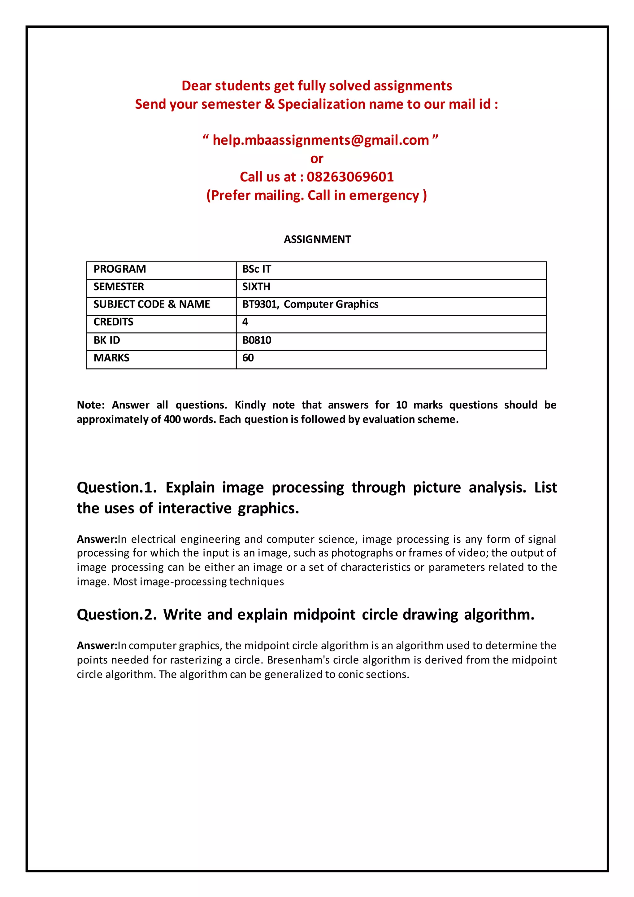 Bt9301 computer graphics | DOCX