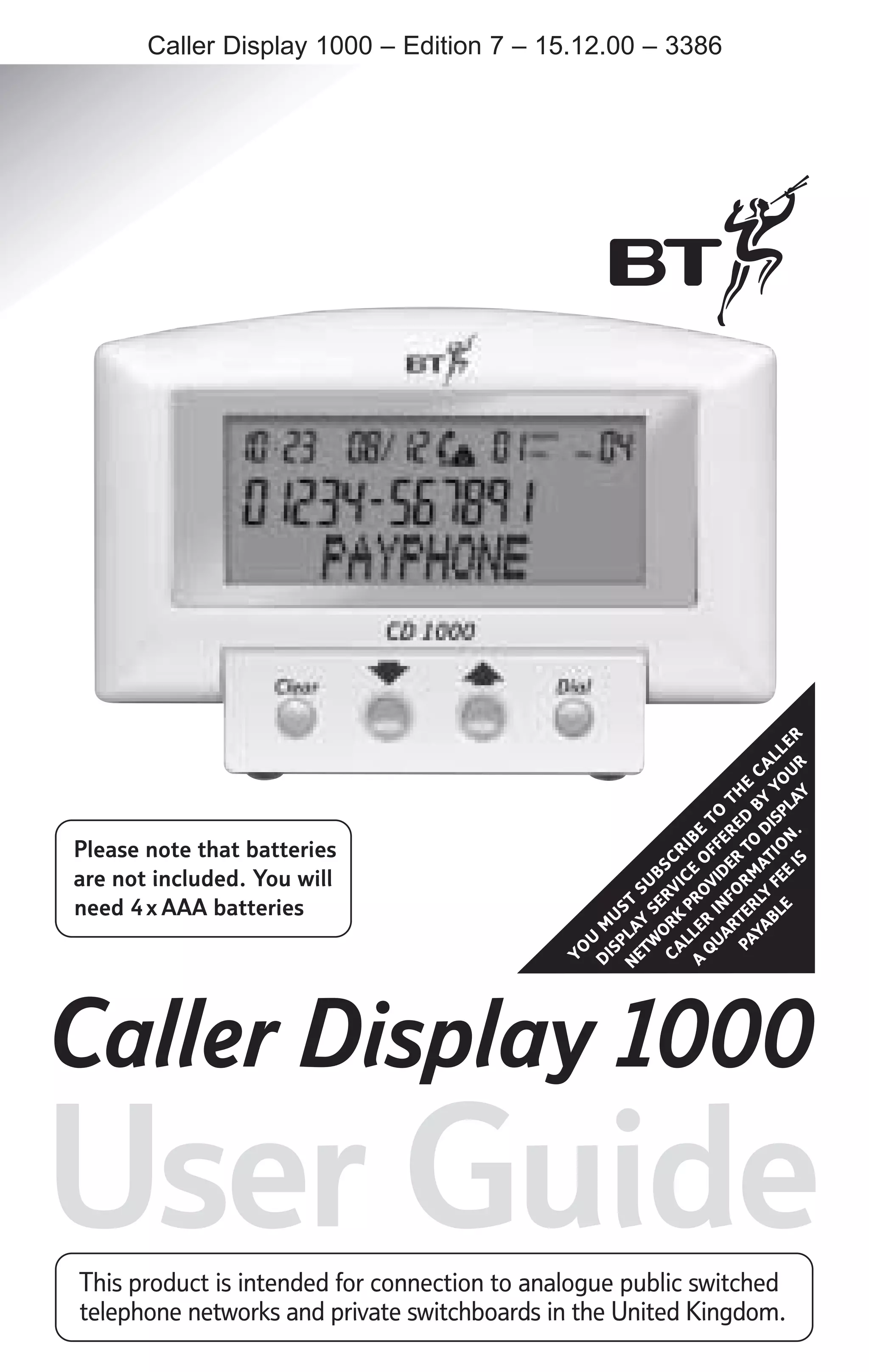 BT caller display 1000 user manual from Telephones Online www ...