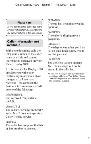 BT caller display 1000 user manual from Telephones Online www ...