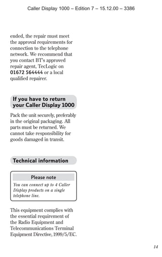 BT caller display 1000 user manual from Telephones Online www ...