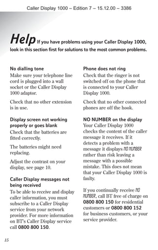 BT caller display 1000 user manual from Telephones Online www ...