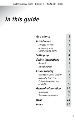 BT caller display 1000 user manual from Telephones Online www ...