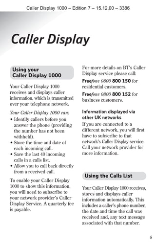 BT caller display 1000 user manual from Telephones Online www ...