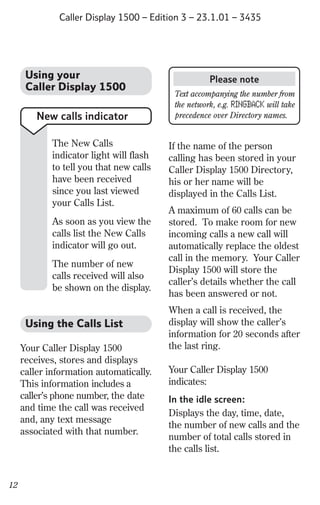 Bt caller display 1500 user manual from Telephones Online www ...