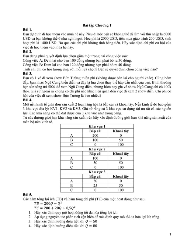 Kinh tế vi mô 1 - Bài tập chương 1: Tổng quan về kinh tế học | PDF