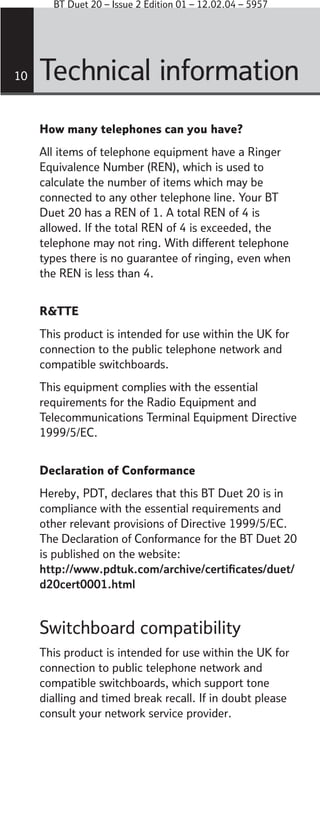Bt duet 20 User Guide from Telephones Online www.telephonesonline.co.uk