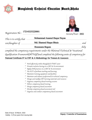 BTEB Level- IV, Certify Trainer & Assessor Reg No- 172143253220001 | PDF