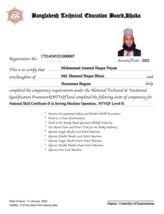 National Skill Certificate SMO NTVQF Level - ll, BTEB Registration No ...