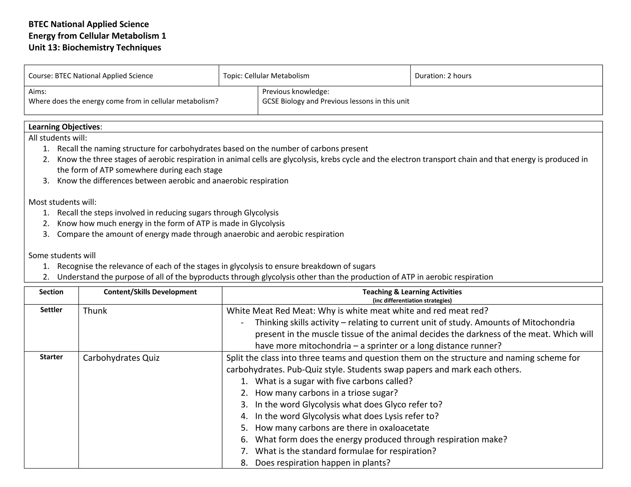 Btec National Lesson Plan Energy In Metabolism 1 | PDF | Endocrine and ...