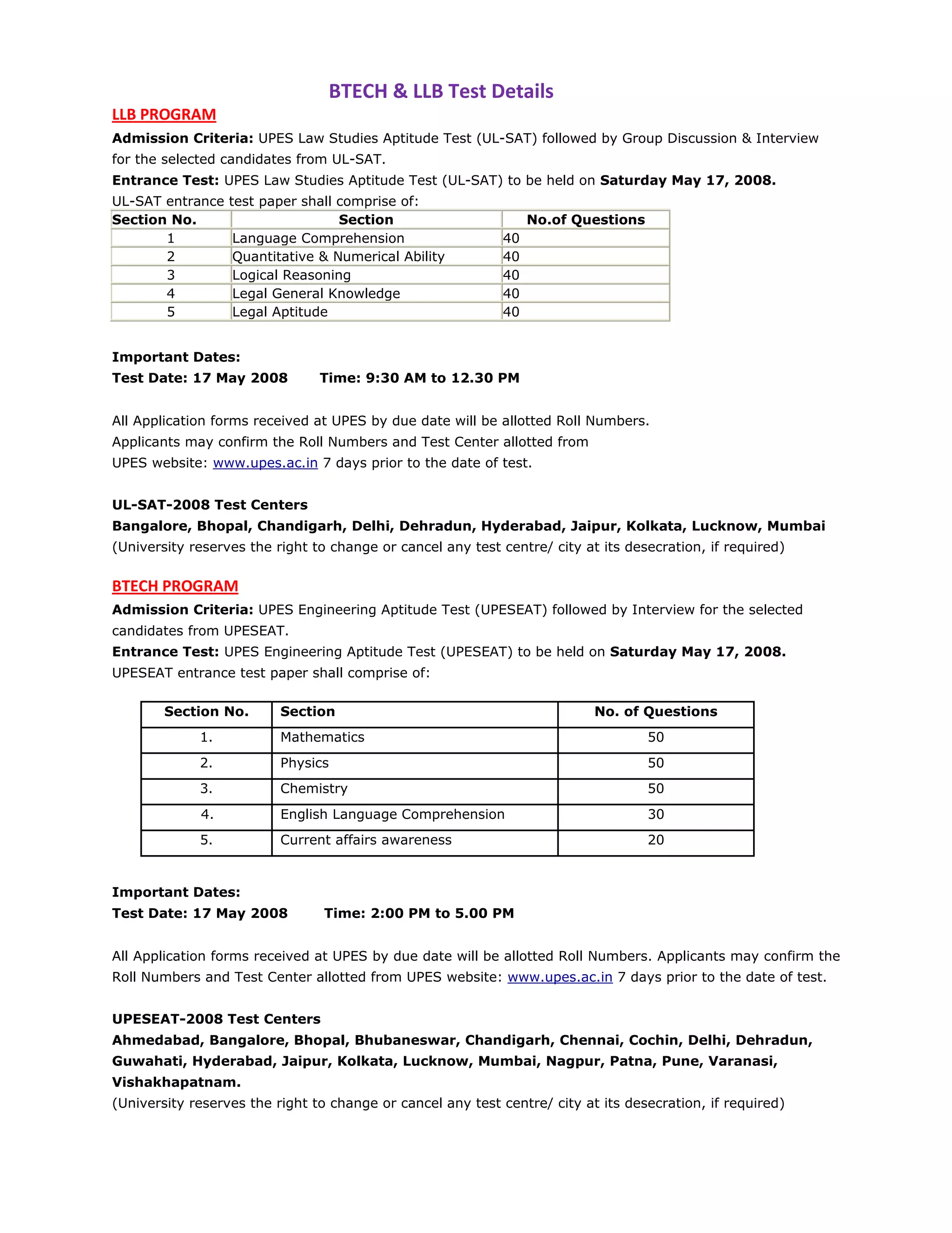 UPES -B.Tech & LLB Test details | PDF