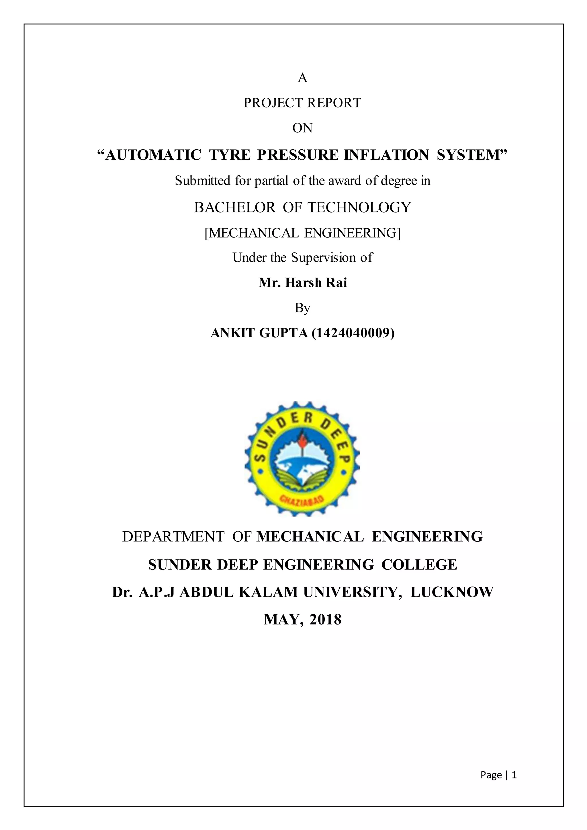 Btech final year project automatic tyre pressure inflation system. | DOCX