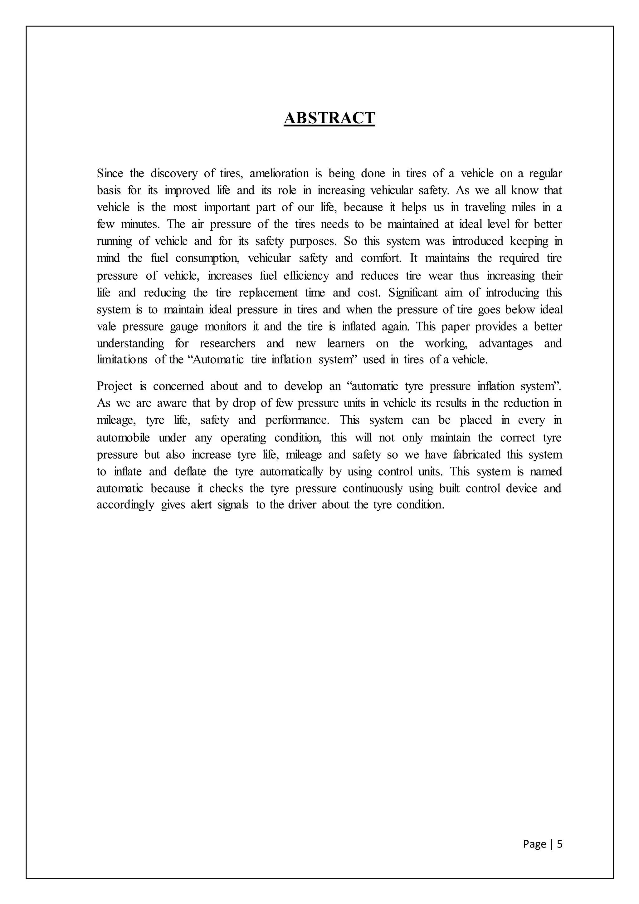 Btech final year project automatic tyre pressure inflation system. | DOCX