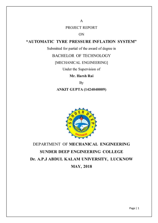 Btech final year project automatic tyre pressure inflation system. | DOCX