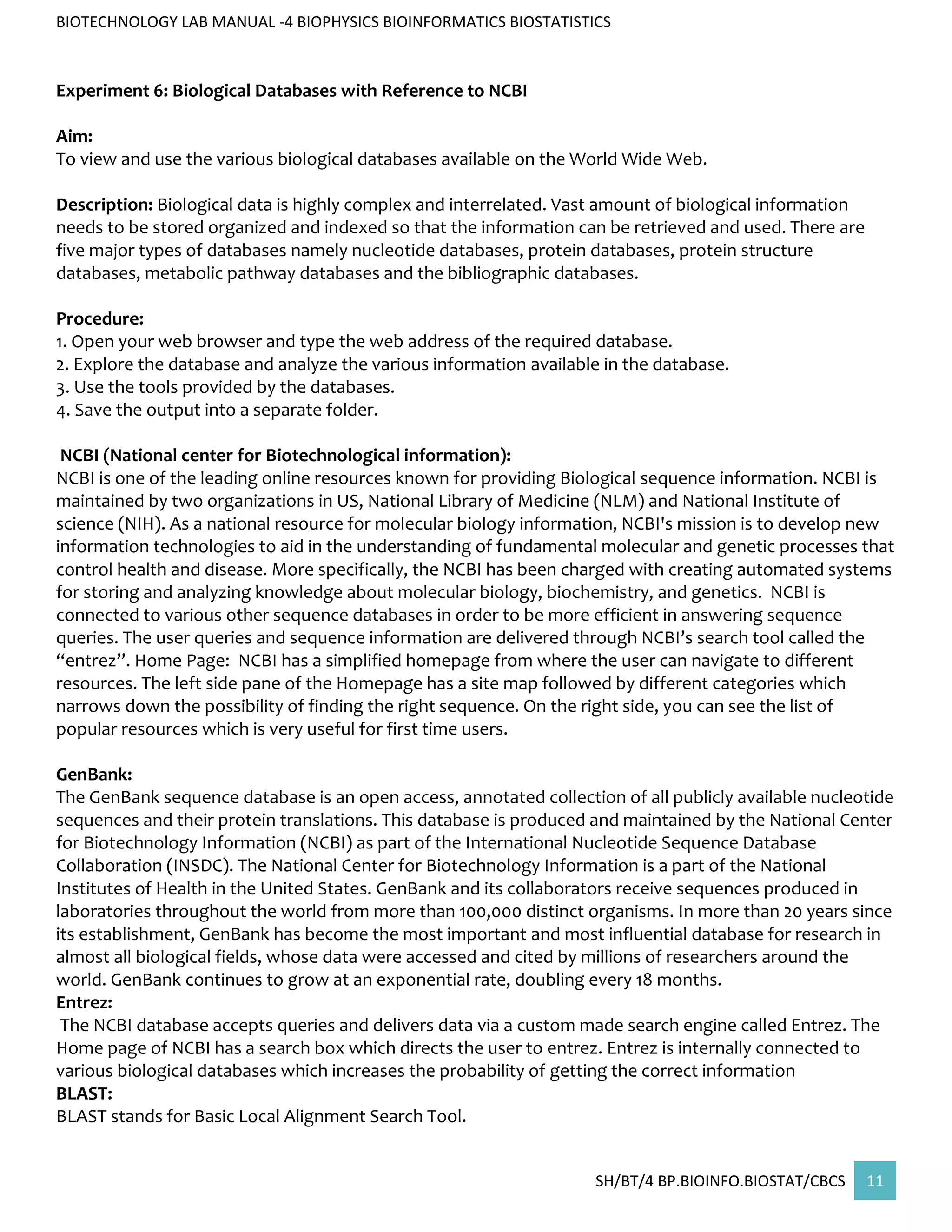 lab manual on biophysics, bioinformatics and biostaistics for under ...