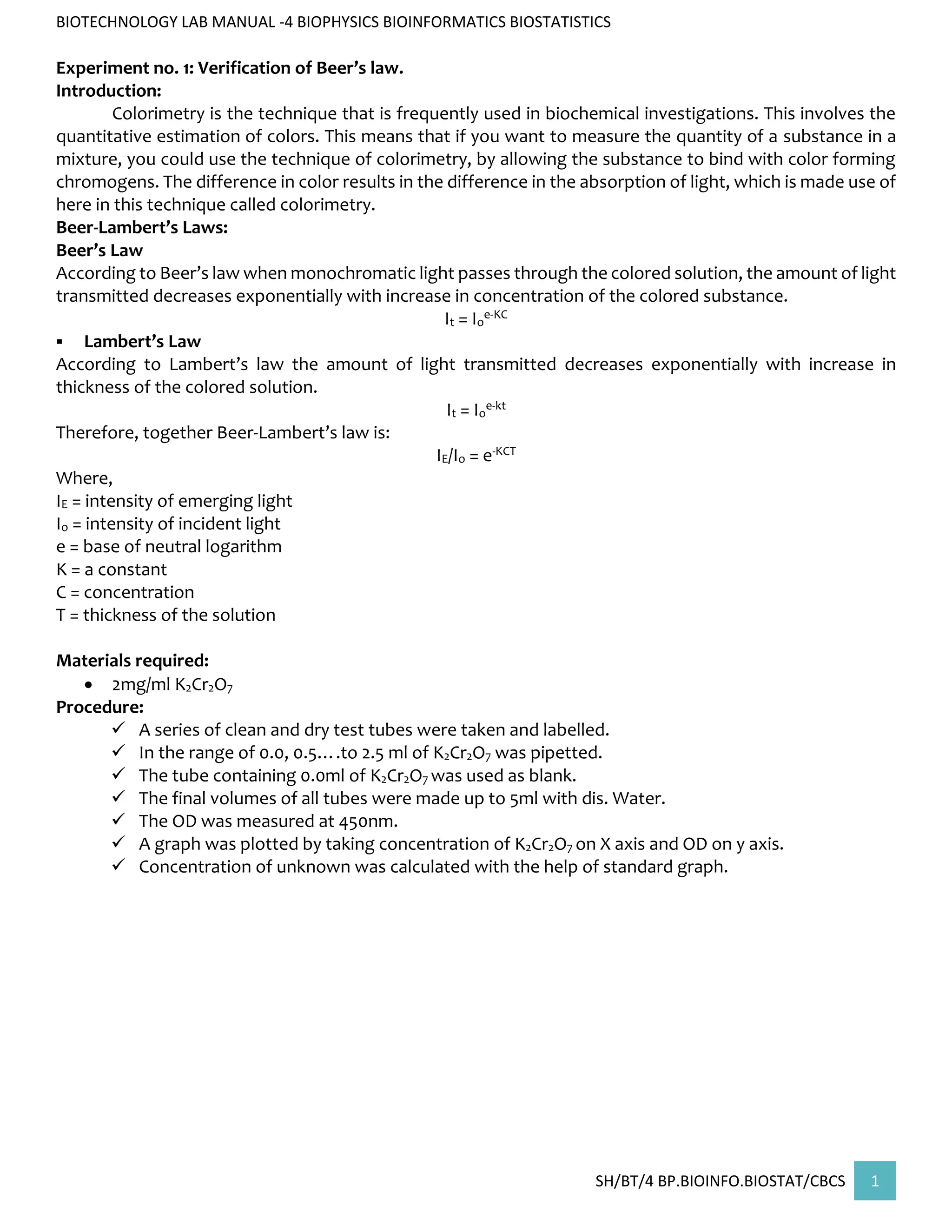 lab manual on biophysics, bioinformatics and biostaistics for under ...