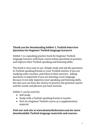 Turkish Speaking: Conversation Questions 1 for beginners | PDF