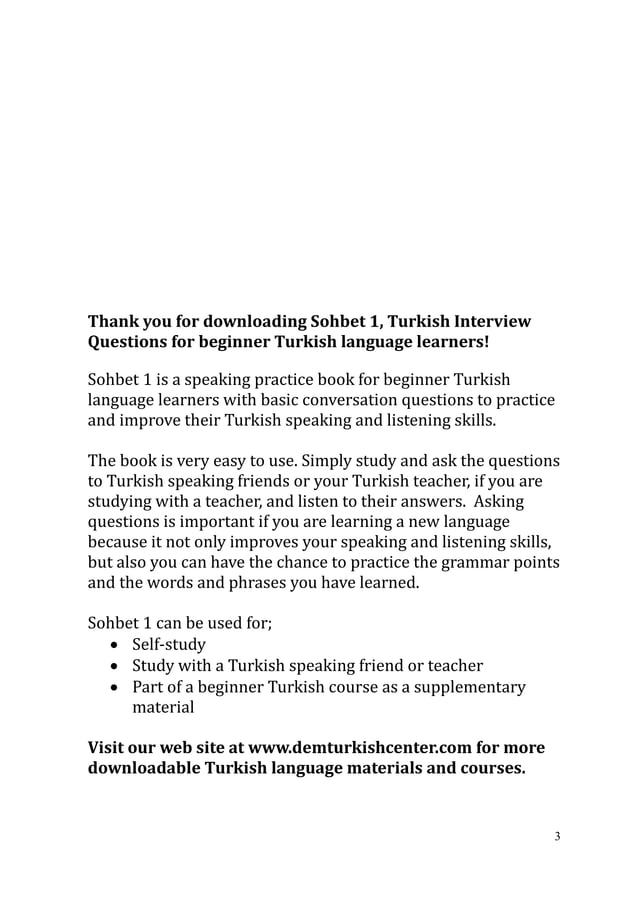 Turkish Speaking: Conversation Questions 1 for beginners | PDF | Education