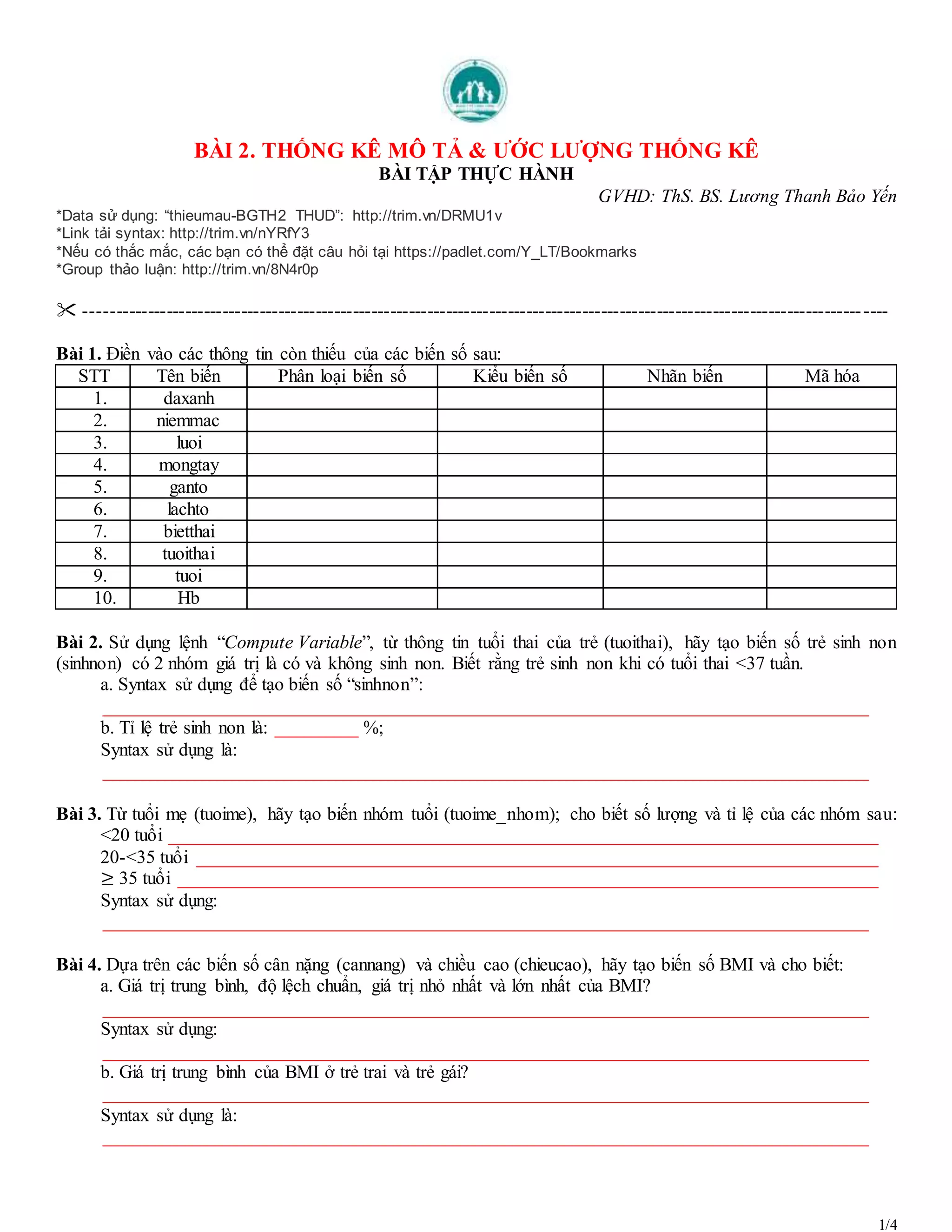 [SPSS] Syntax BTTH2 - Thống kê mô tả & Ước lượng thống kê | DOCX