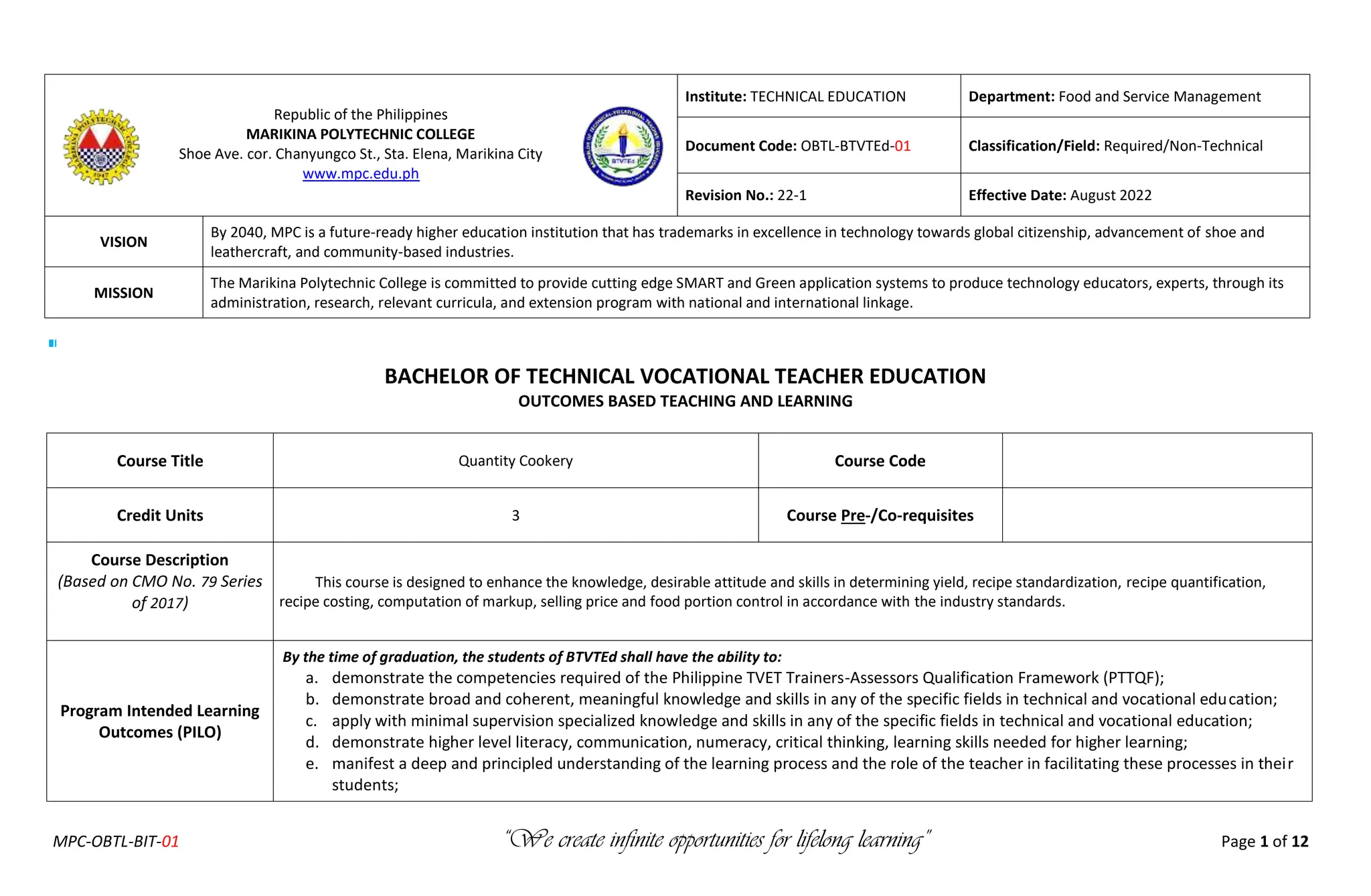 BTVTED ST Quantity Cookery for Teacher s | PDF