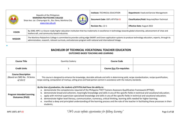 BTVTED ST Quantity Cookery for Teacher s | PDF